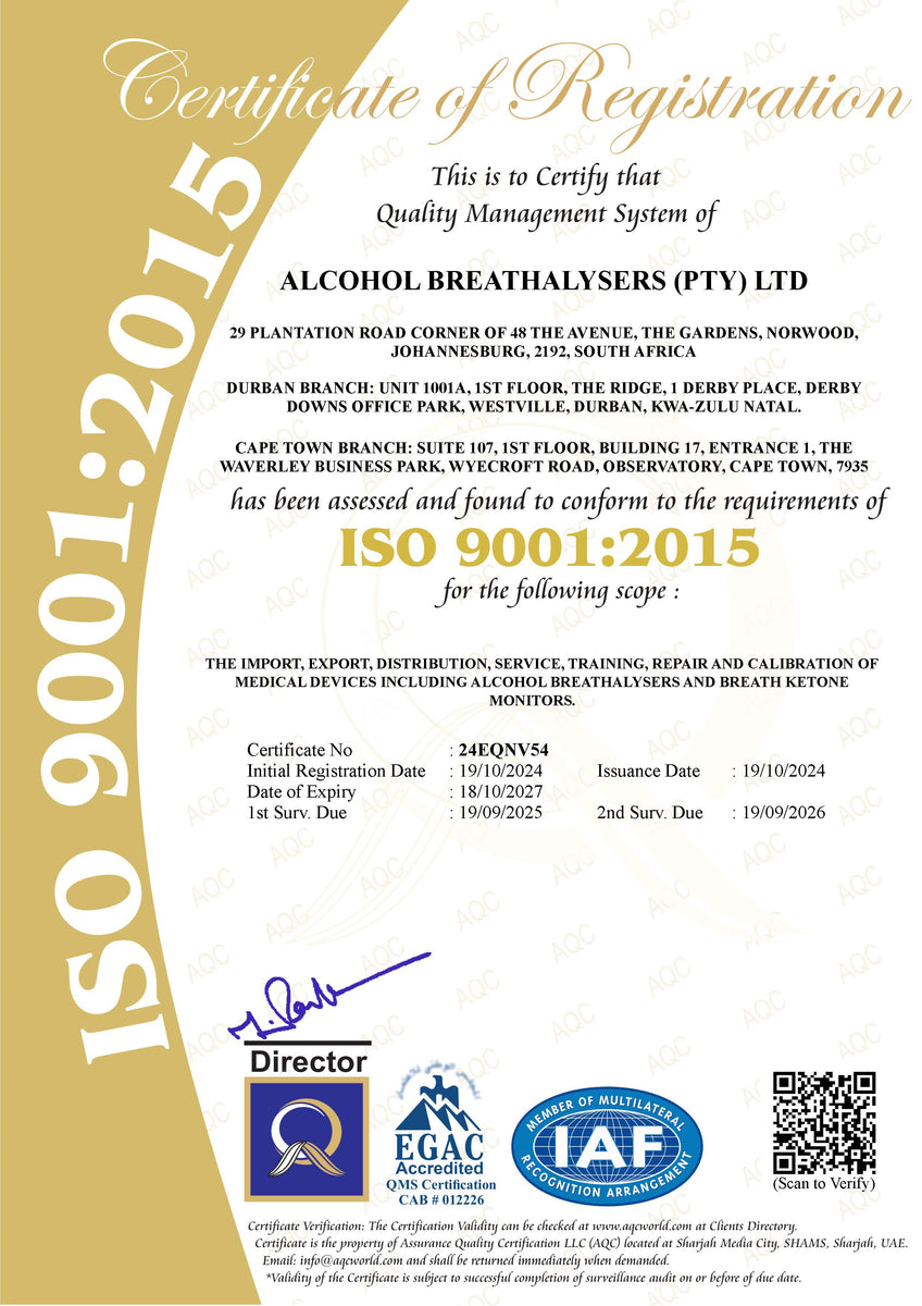 ISO9001:2015 Certificate No: 24EQNV54 – Alcohol Breathalysers Pty Ltd