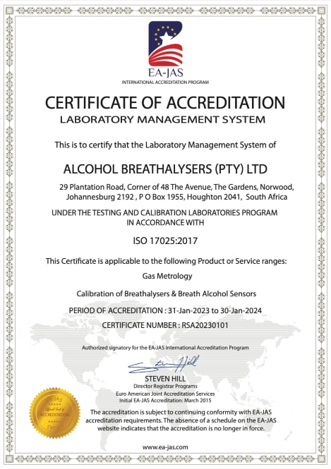 ISO 17025:2017 Certificate No: RSA20230101 – Alcohol Breathalysers Pty Ltd